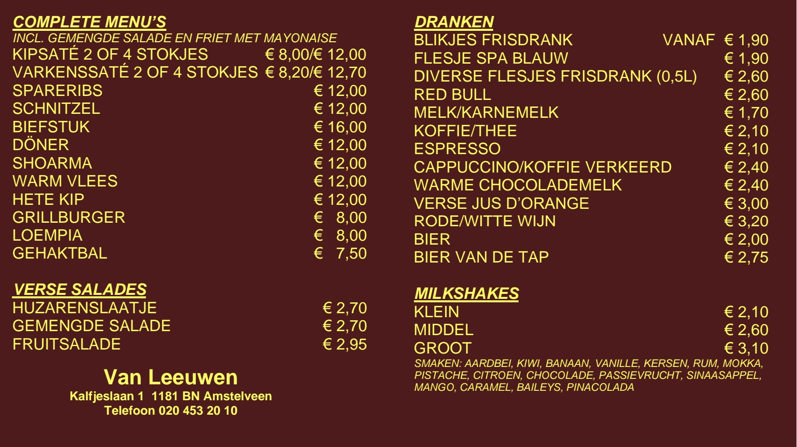 Menukaart - Van Leeuwen Snacks